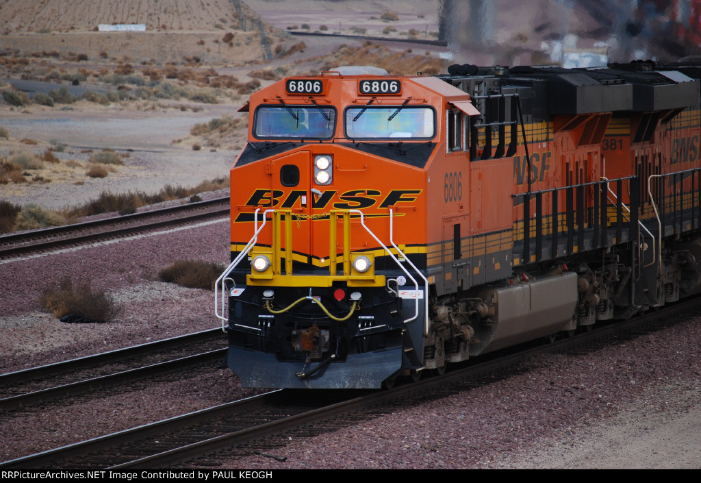 Close up shot of BNSF 6806 as she rolls West with a Double Stack Train towards Los Angeles, Ca.